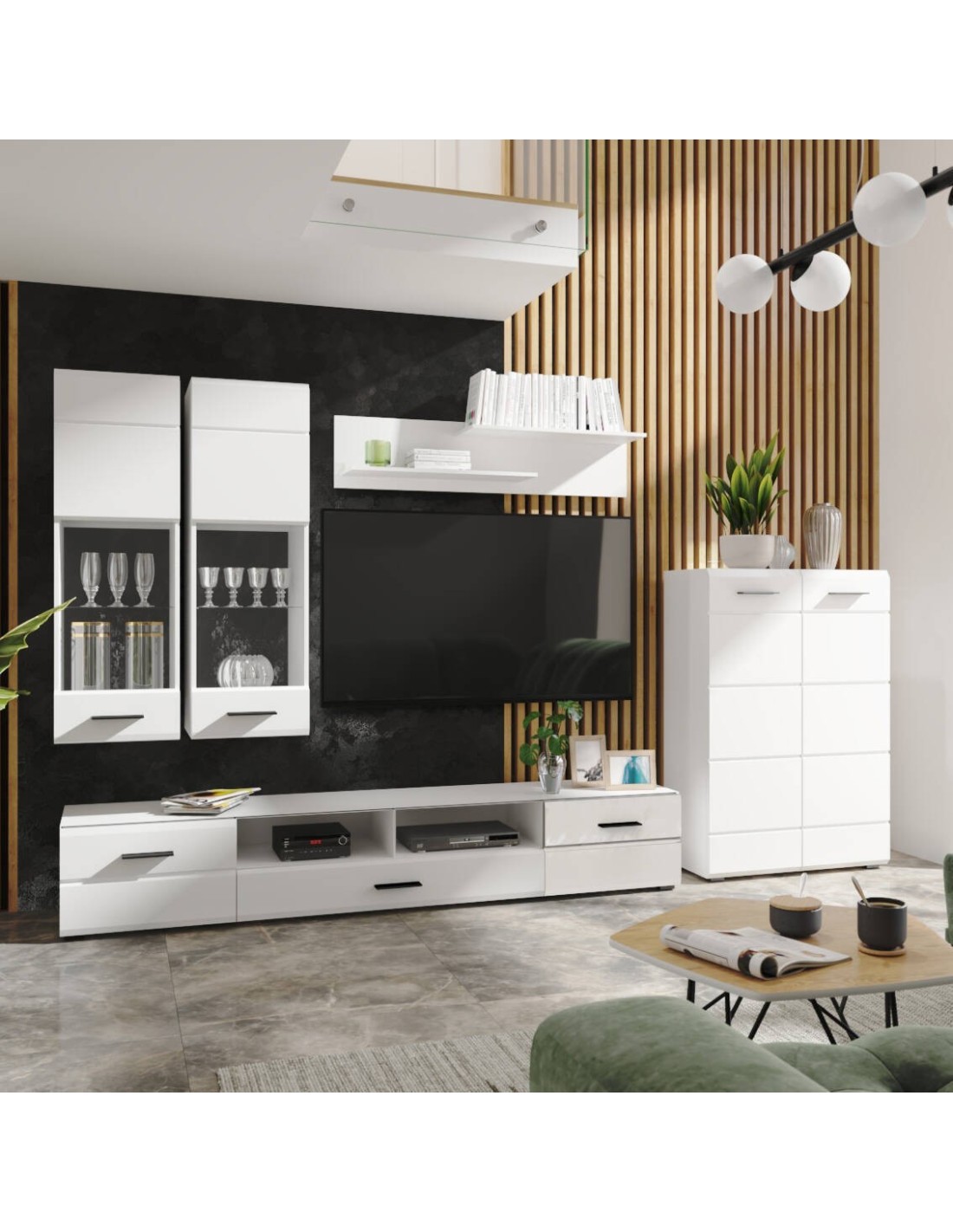 Mueble de salón modular ÁRTICO color blanco brillo de 285 cm